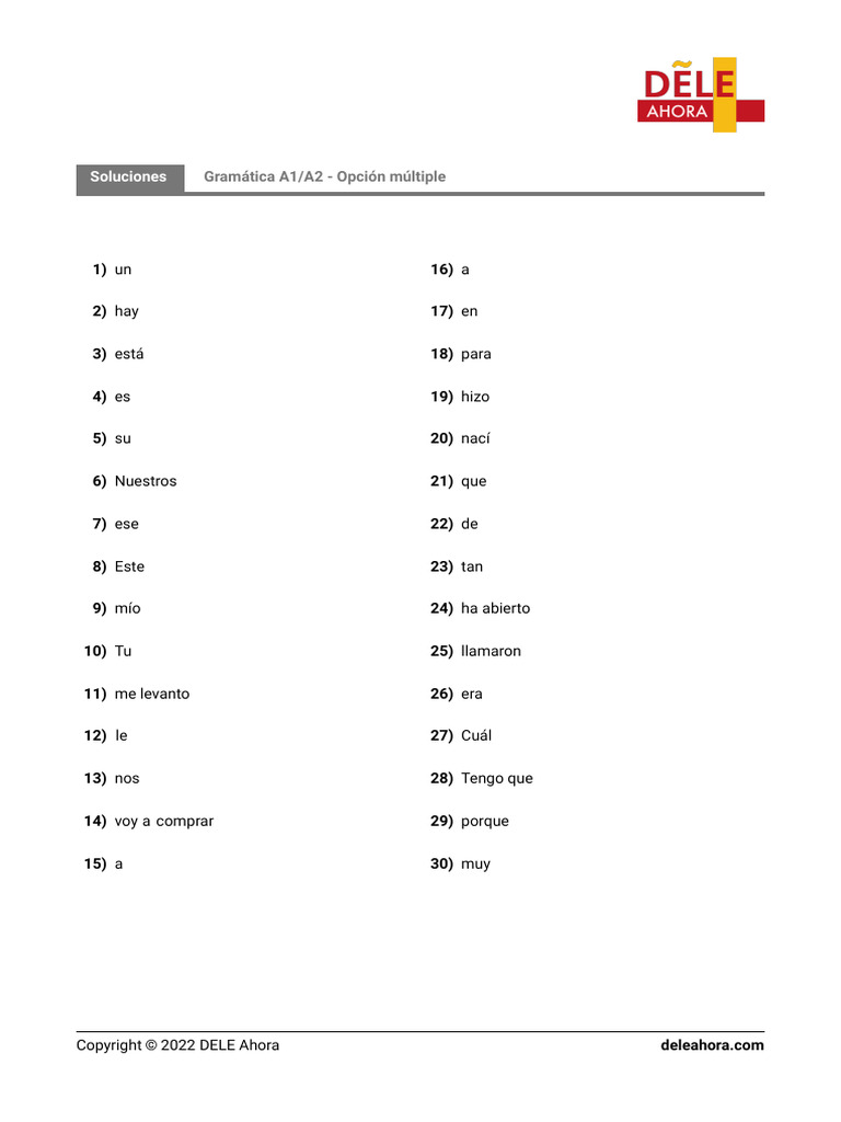 Gramatica A1 A2 Opcion Multiple - Soluciones | PDF