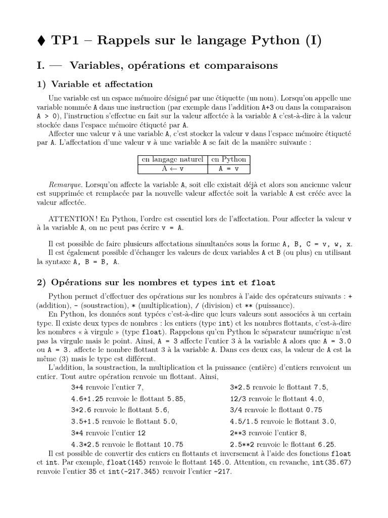 TP1 - Rappels Sur Le Langage Python (I) : I. - Variables, Opérations Et Comparaisons | PDF