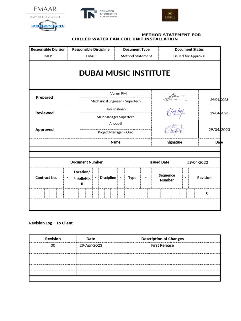Method Statement For - CHW Fan Coil Unit Installation | PDF