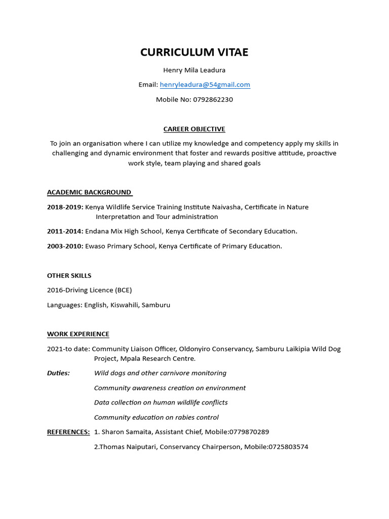 Henry Mila CV | PDF | Career & Growth