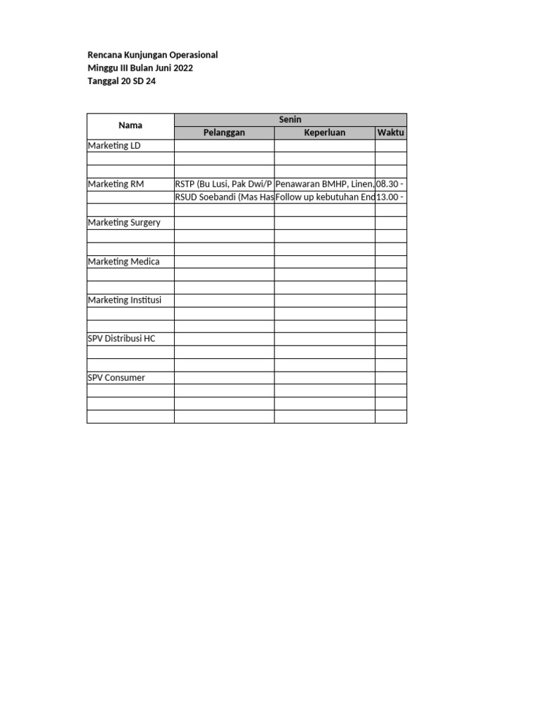 Rencana Kunjungan Operasional Marketing Medical Consumable | PDF