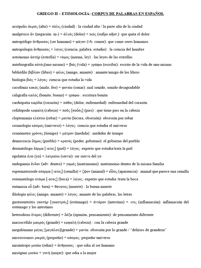 Griego II - Etimología, Palabras en Español | PDF