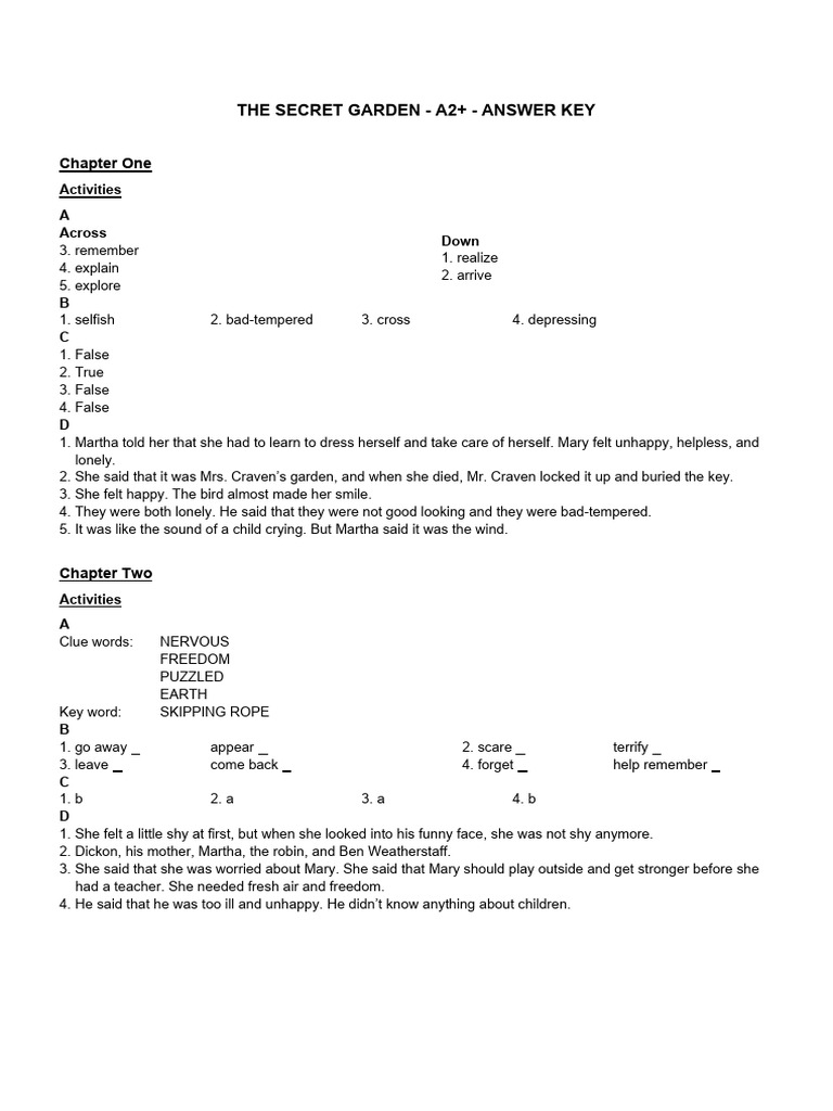 The Secret Garden Answer Key | PDF