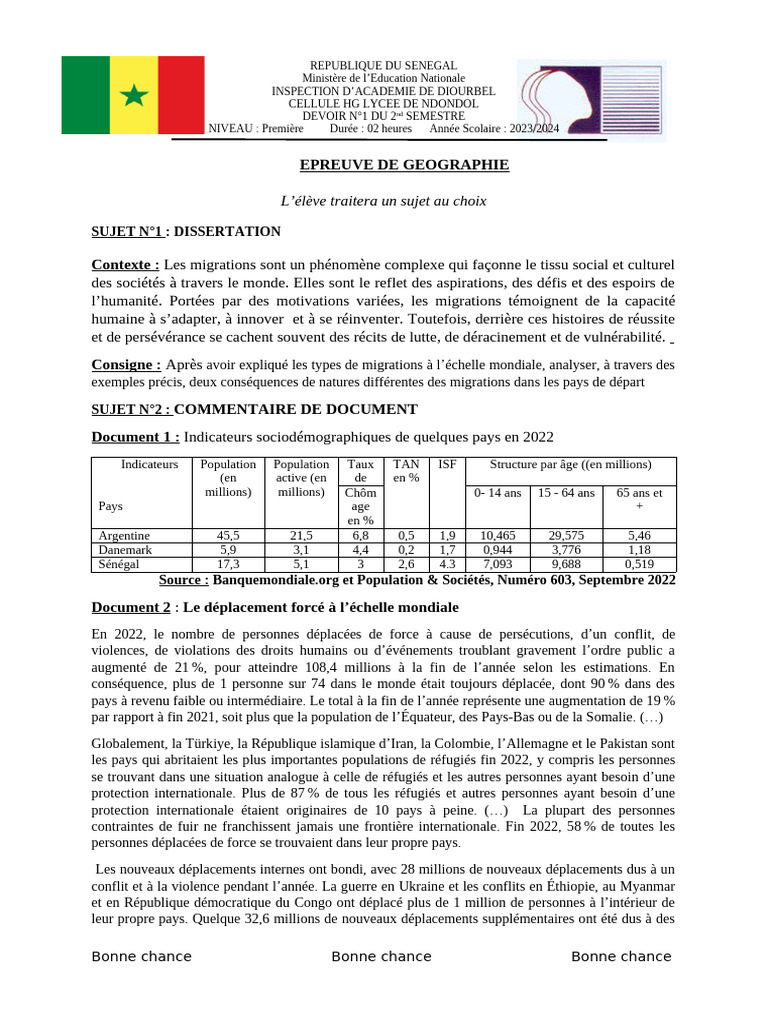 Devoir N°1 Du 2nd Semestre 2023-2024 (Géographie) | PDF
