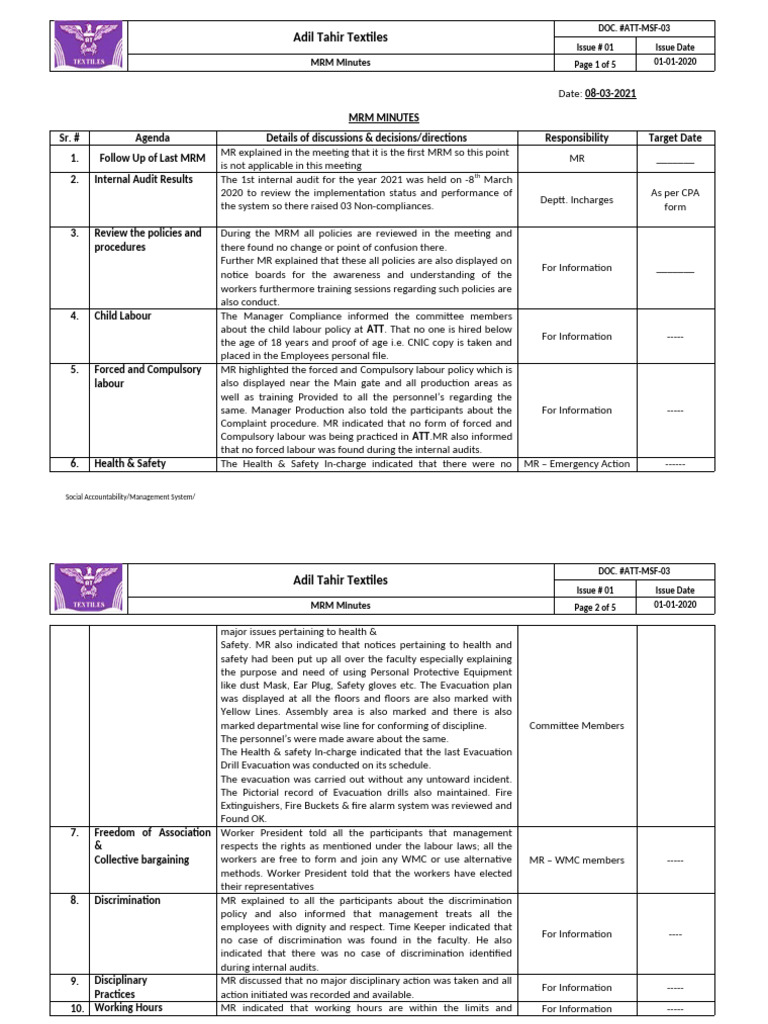 MRM Minutes for ISO 9001 Compliance | PDF | Risk | Finance & Money ...