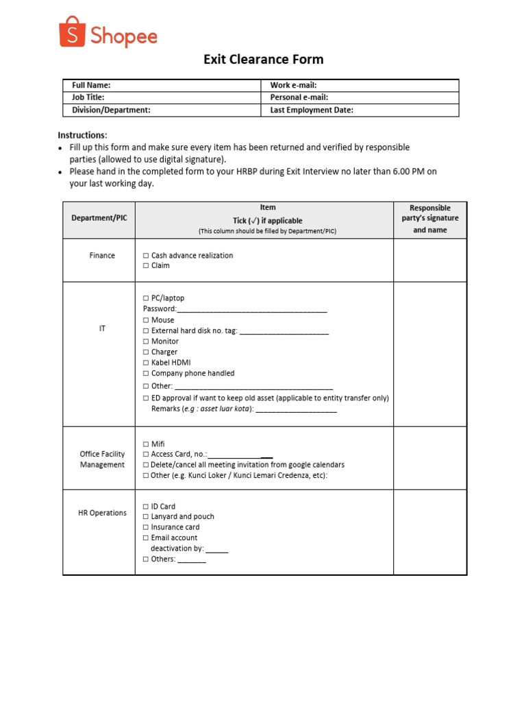 (Shopee) Ops Exit Clearance Form - Modified | PDF | Computing | Finance & Money Management