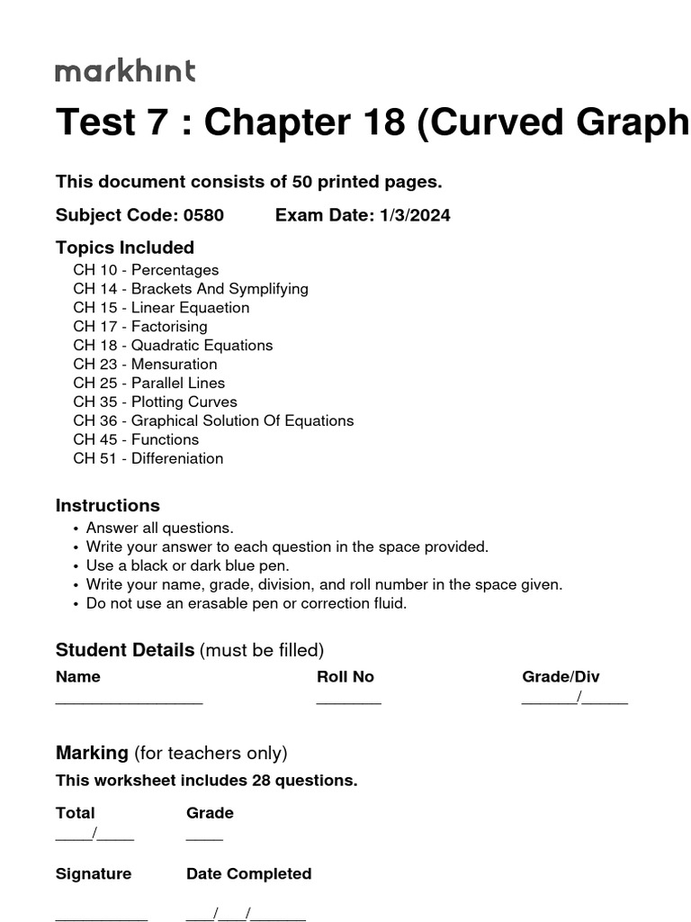 IGCSE Curved Graphs Test Worksheet | PDF | Equations | Teaching Methods ...