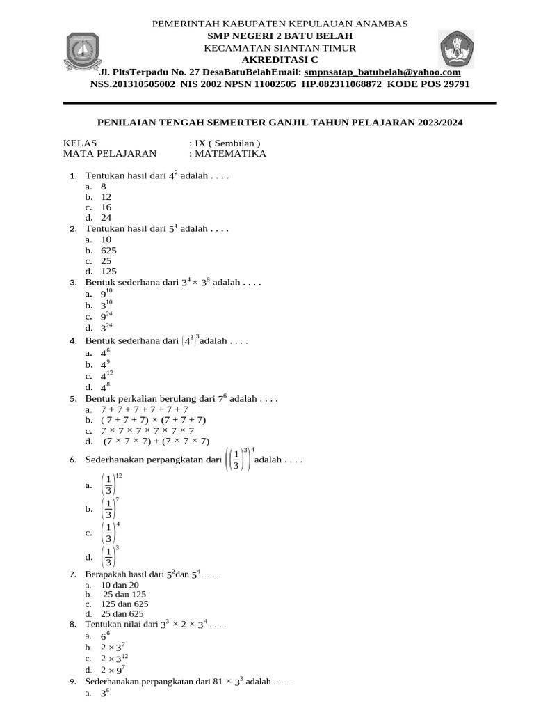 Soal MTK Pts Ganjil Kls 9 Soal | PDF