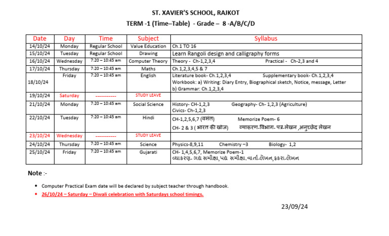 Grade 8 Term 1 Timetable | PDF