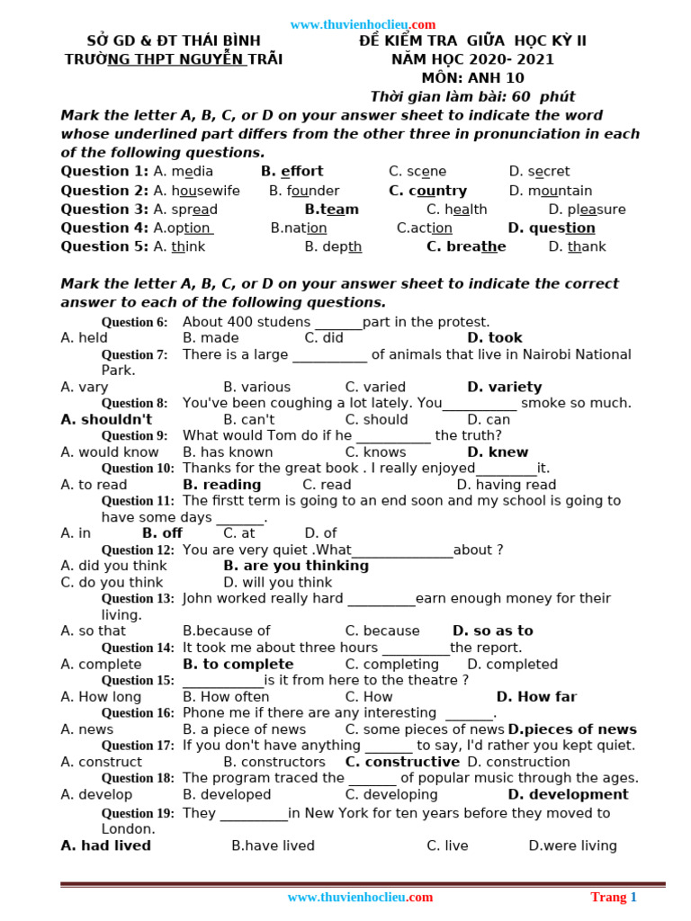 De Thi Giua HK2 Tieng Anh 10 Truong Nguyen Trai | PDF