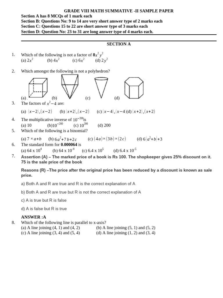 grade 8 math sample paper | PDF