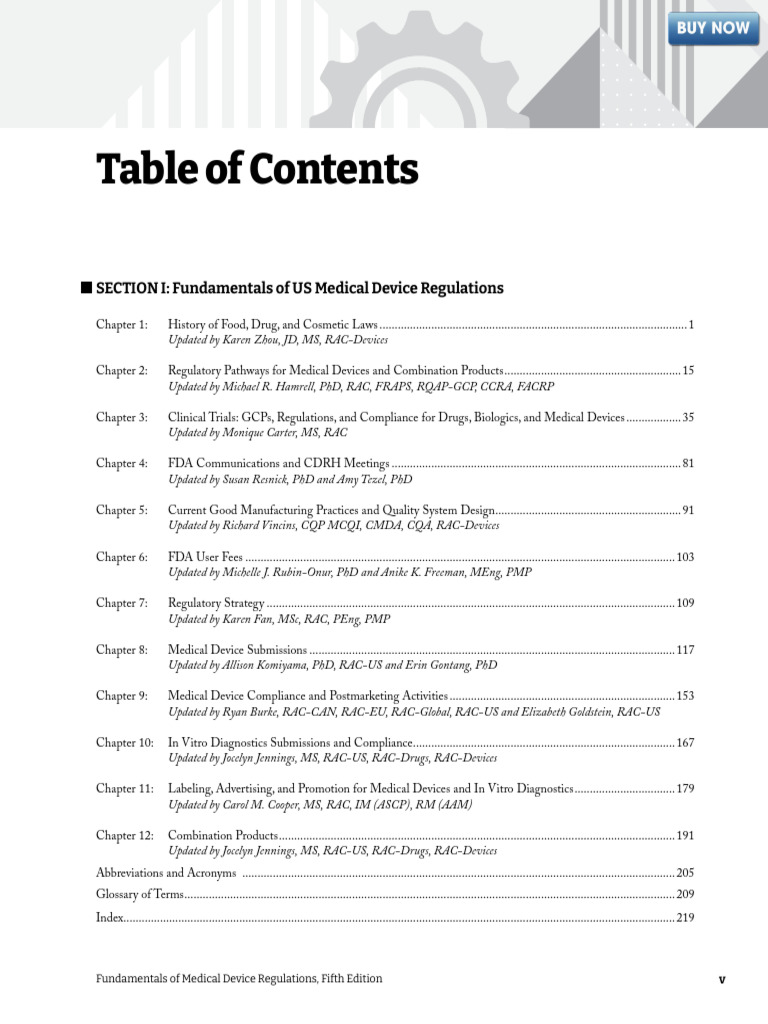 Fundamentals of Medical Device Regulations Fifth Edition Toc | PDF