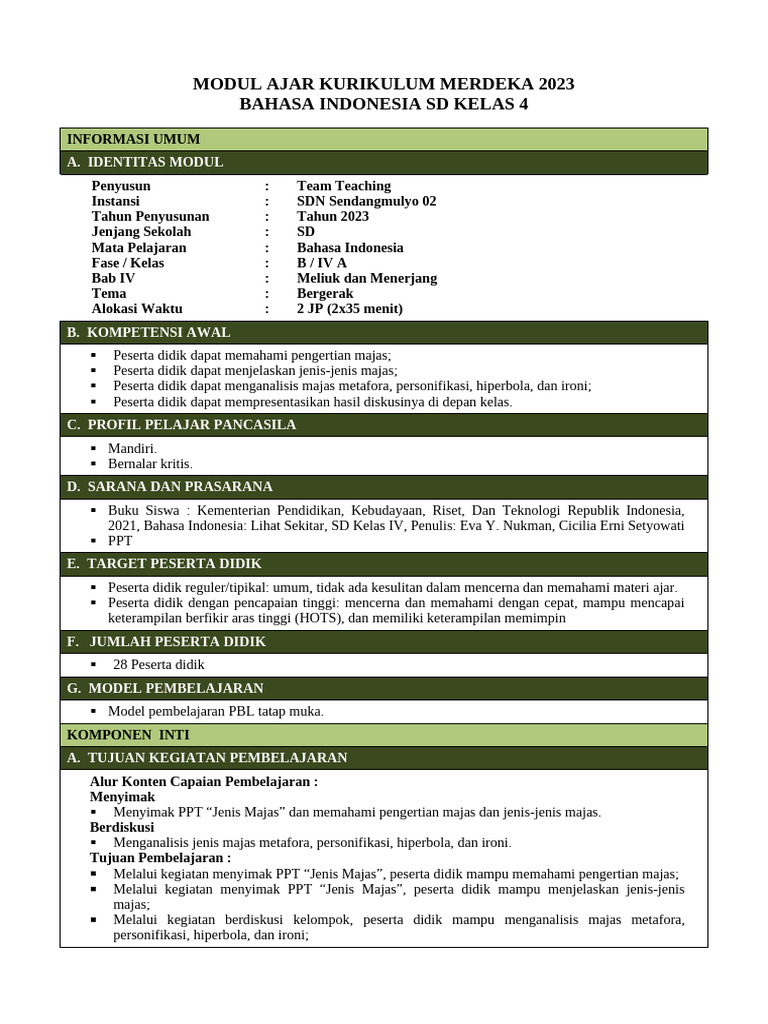 Modul Ajar Kelas IV (Praktik Mengajar 2) - Majas | PDF