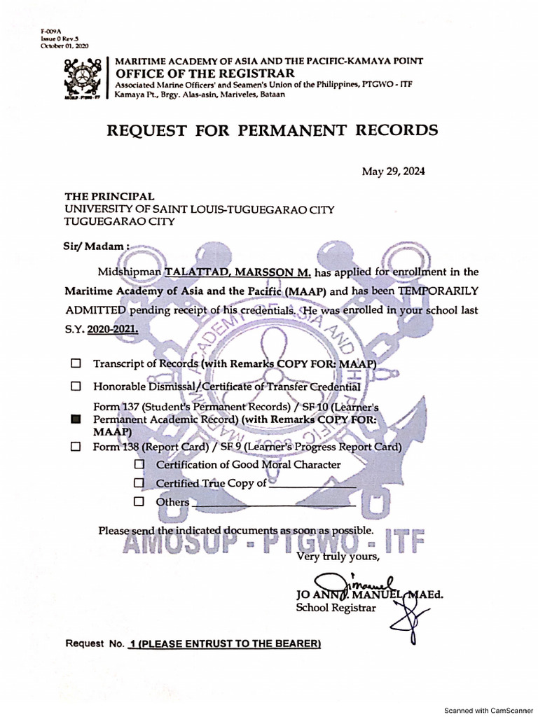 Request For SF10 | PDF