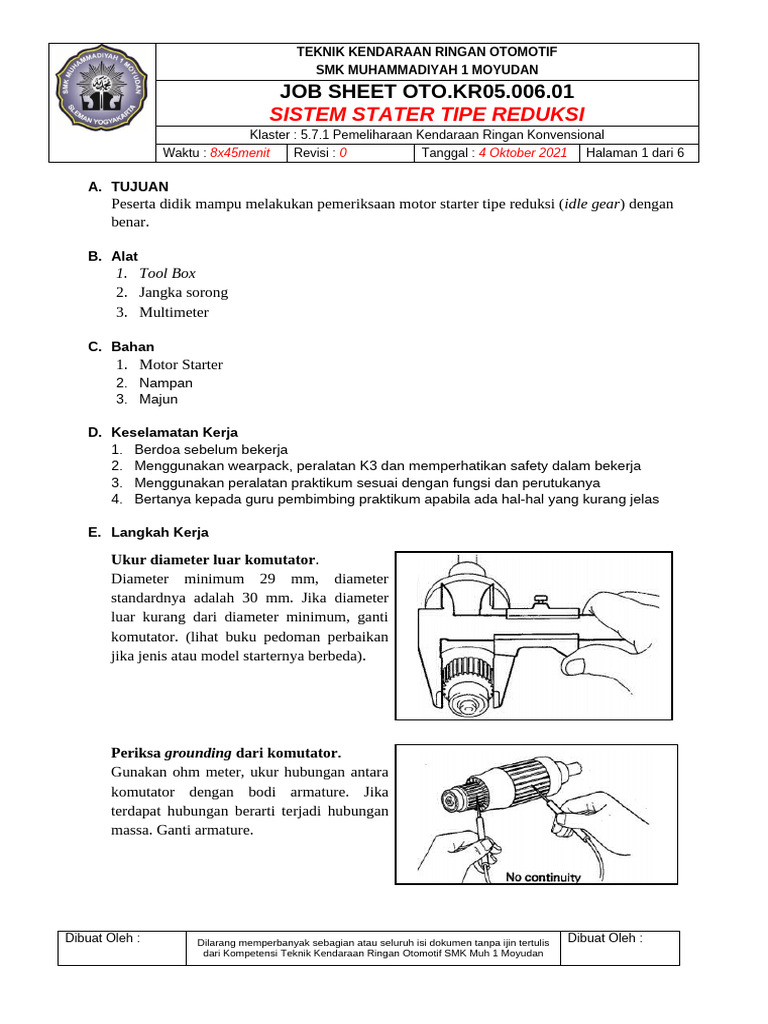 Job Sheet Starter OTO - KR05.006.01 | PDF
