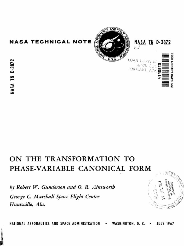 The Transformation TO Phase-Variable Canonical Form: Nasa Technical ...