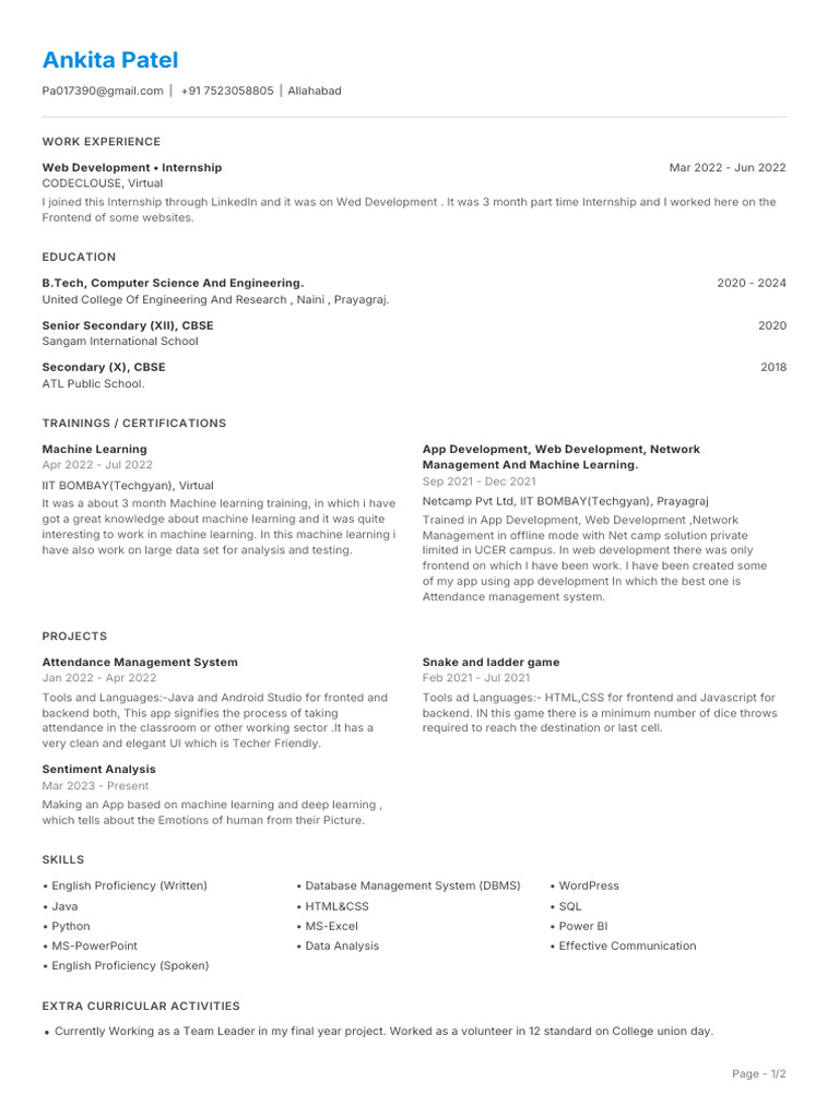 AnkitaPatel InternshalaResume-1 | PDF