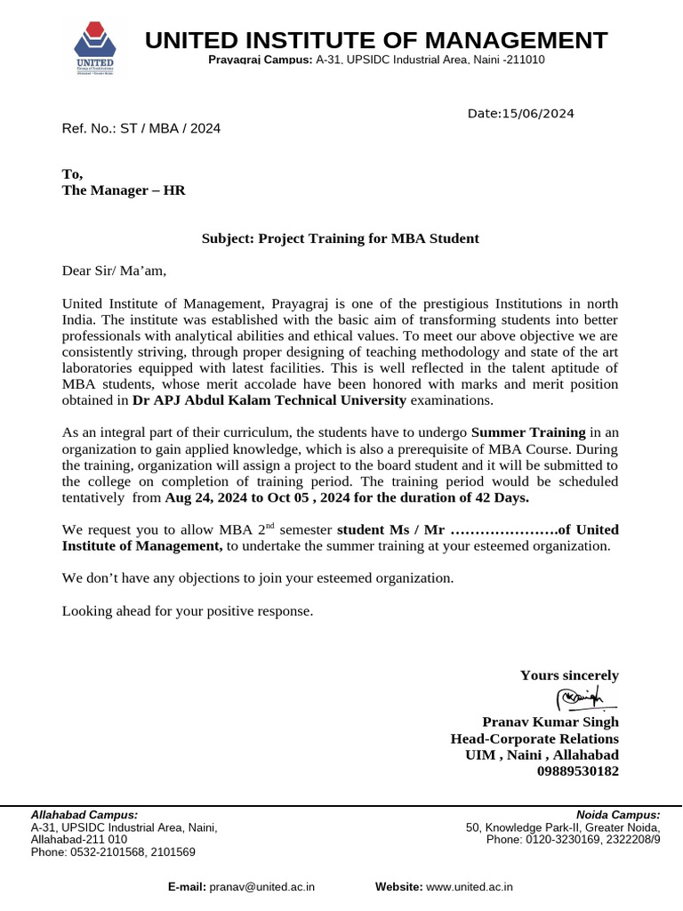 Summer Training Letter 2024 Uim | PDF