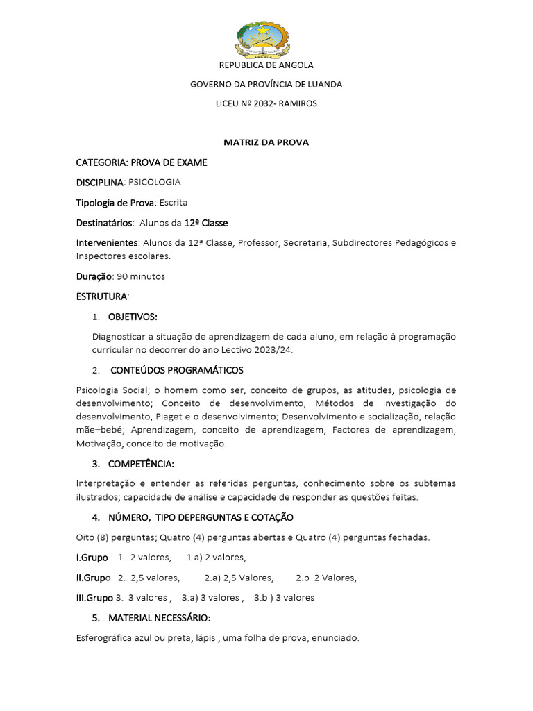 Matriz Da Prova 2024 Psicologia | PDF