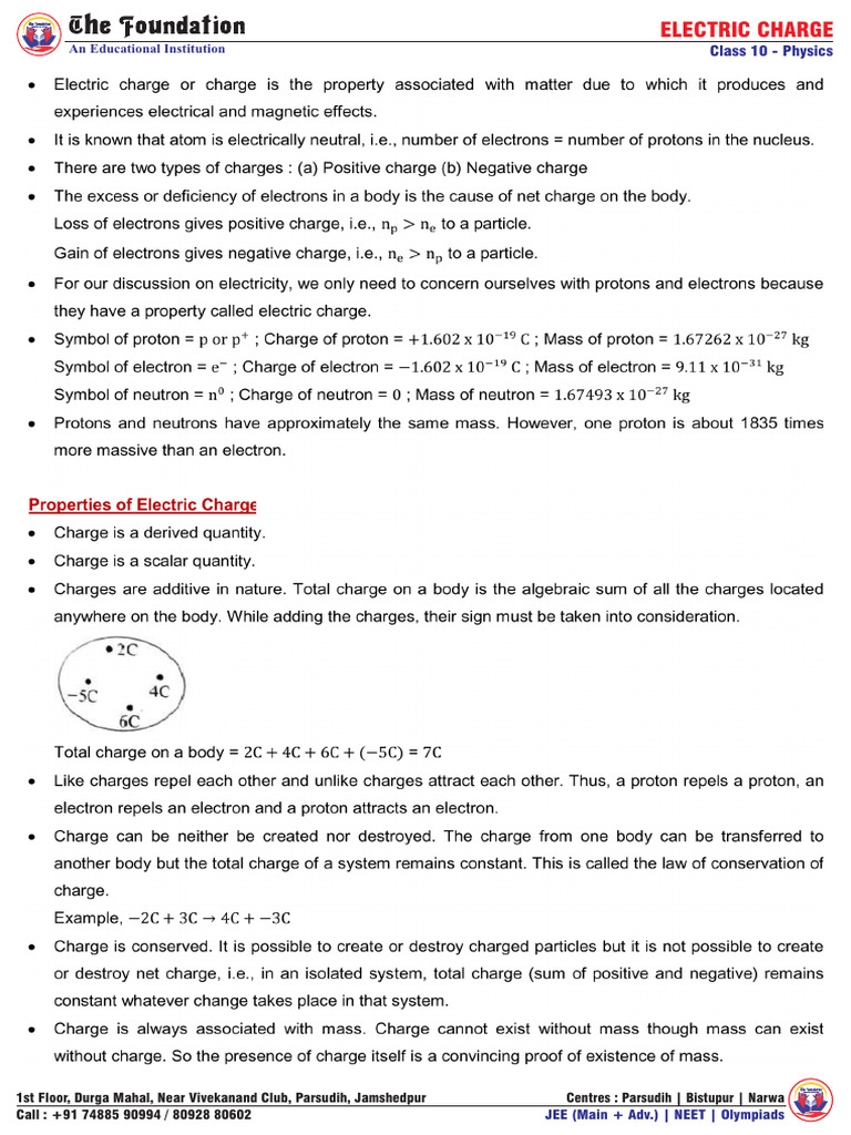 1. Class 10 (Physics) - Notes on Electric Charge | PDF