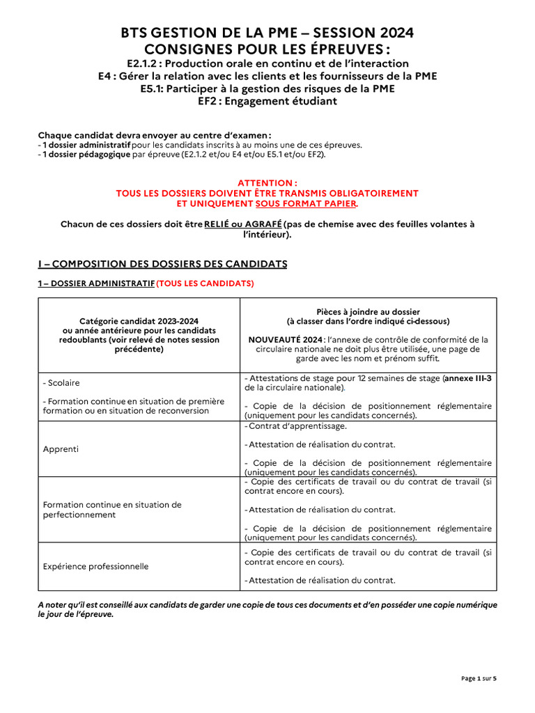 BTS GPME - 2024 - Consignes Épreuves Professionnelles | PDF