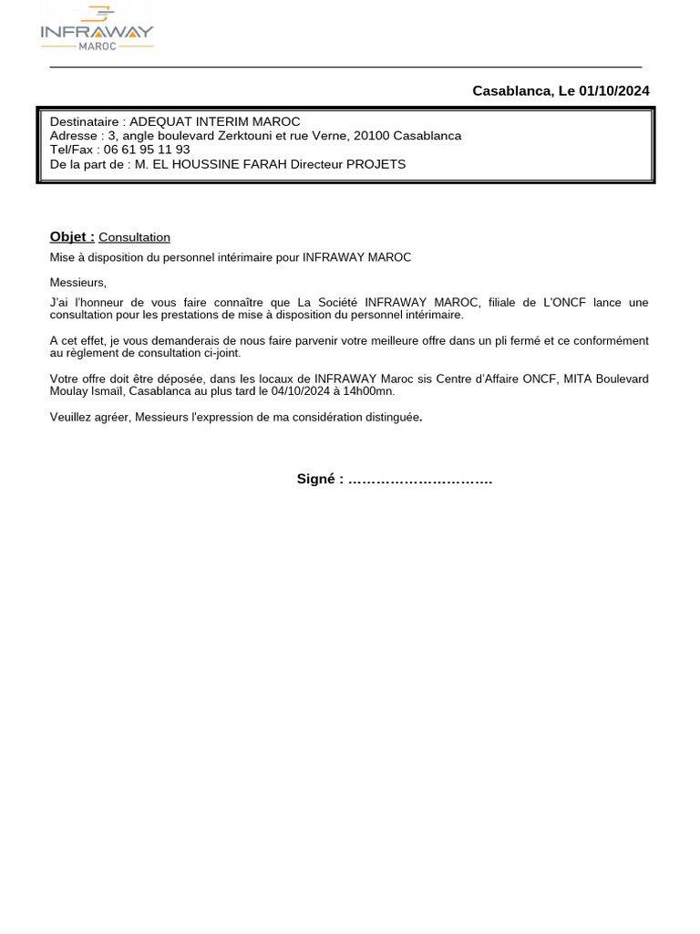 Lettre Consultation Adéquat Intérim Maroc | PDF