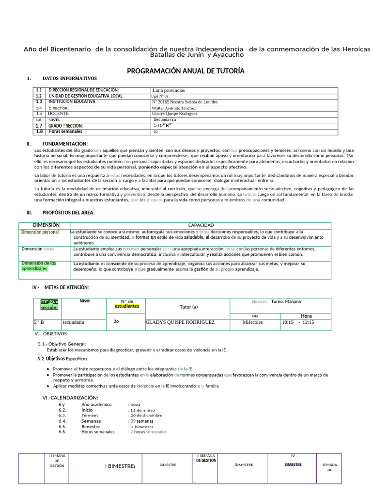 Programaciones Anuales 2024 - Tutoria - 5to Grado | PDF