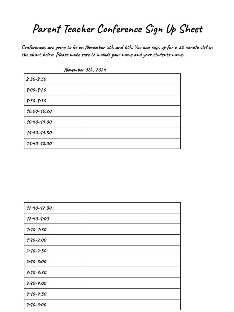 Parent Teacher Conference Sign Up Sheet | PDF