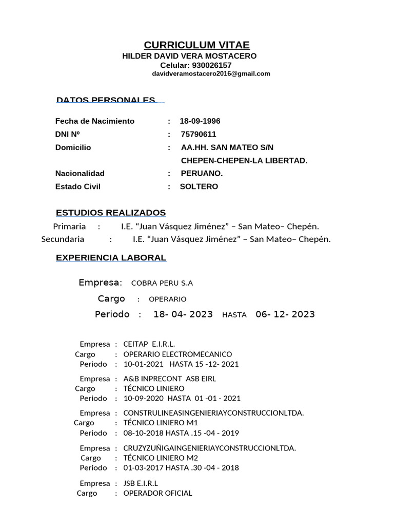 CURRICULUM-DAVID-VERA-MOSTACERO 2022 (1) NUEVO | PDF