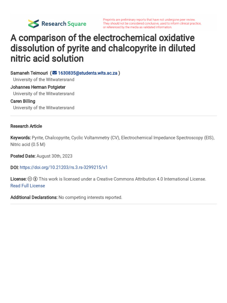 A Comparison of The Electrochemical Oxidative Dissolution of Pyrite and ...