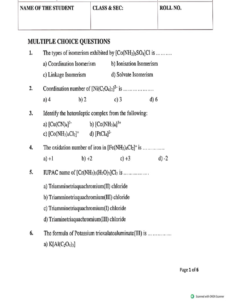 5374089-Class 12 - Chemistry - Coordination Compounds - Ws With Ans ...