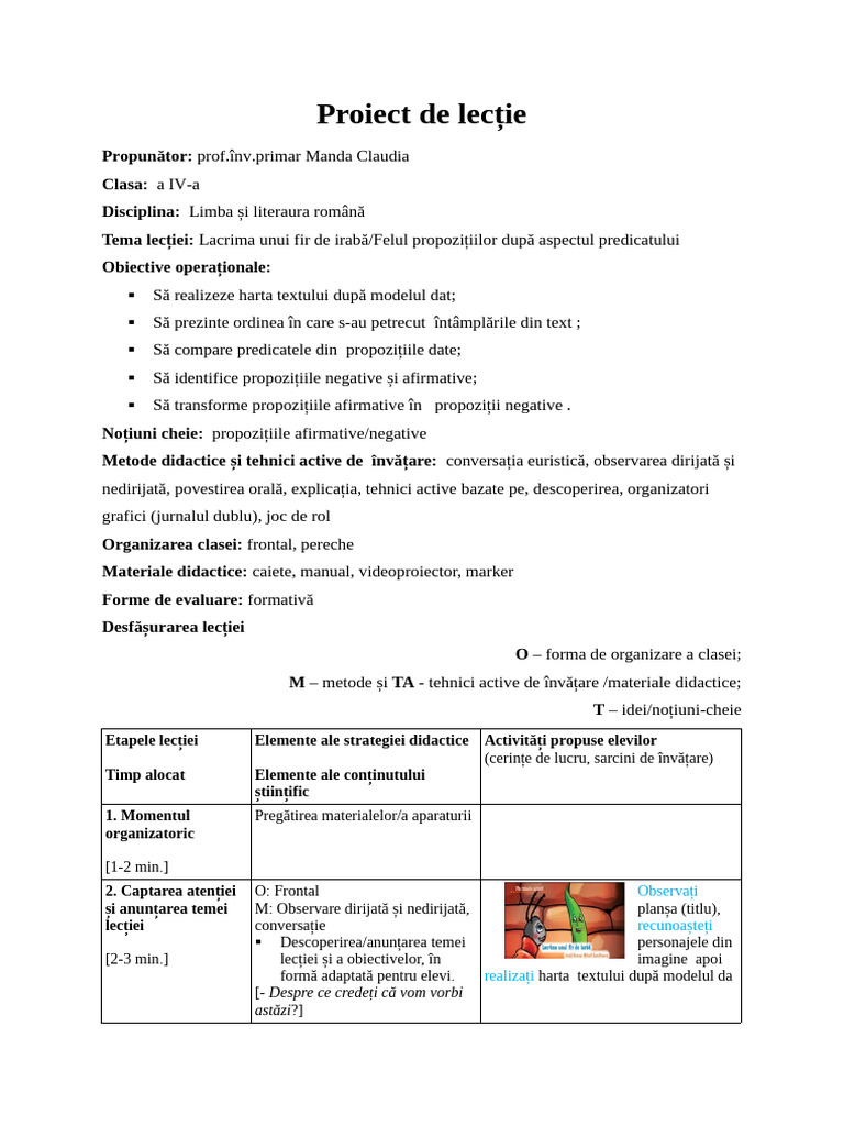 Proiect de Lectie Felul Propozitiilor Cls 4 | PDF