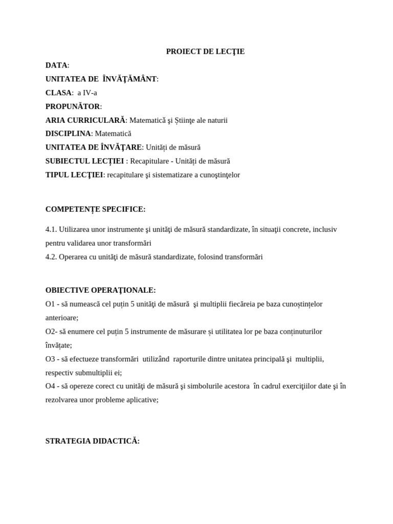 1 Proiect de Lectie Matematica Clasa A Iva | PDF