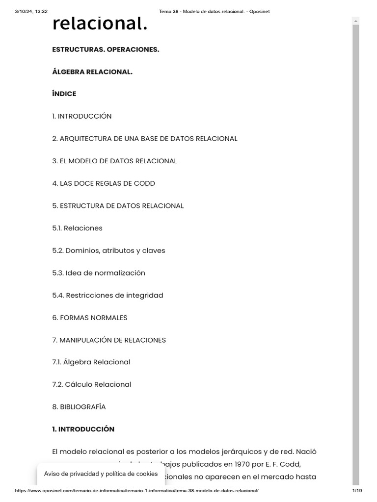 Modelo de Datos Relacional. Estructura. Operaciones. Álgebra Relacional ...