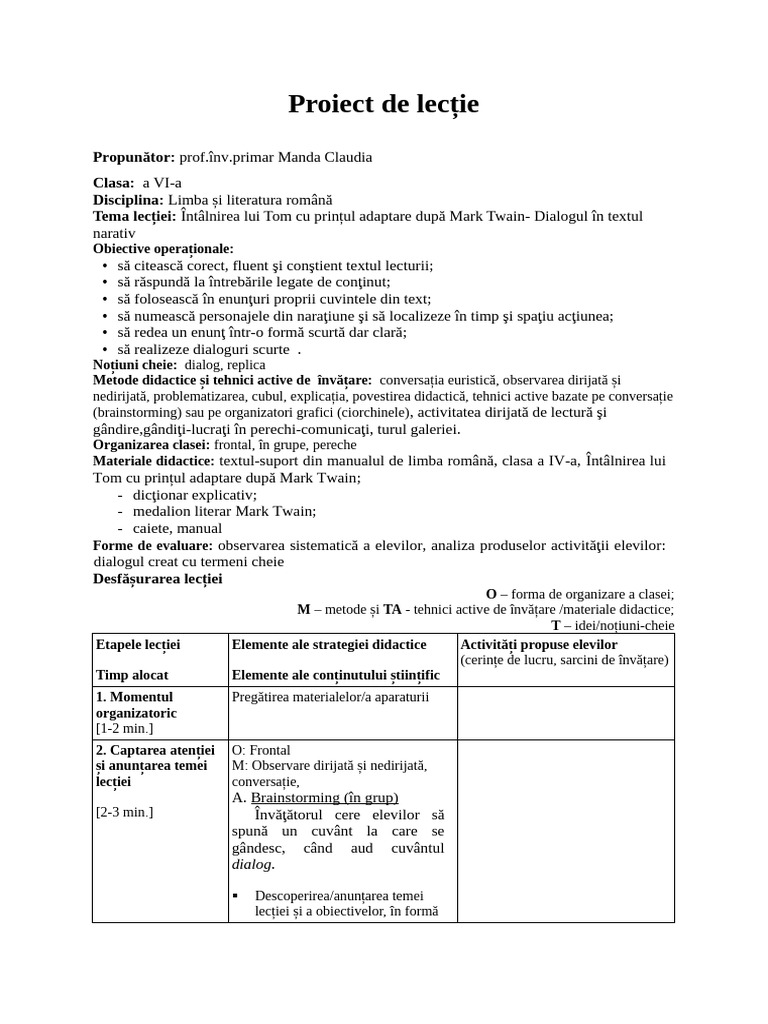Proiect de Lectie Limba Romana Cls 4 | PDF