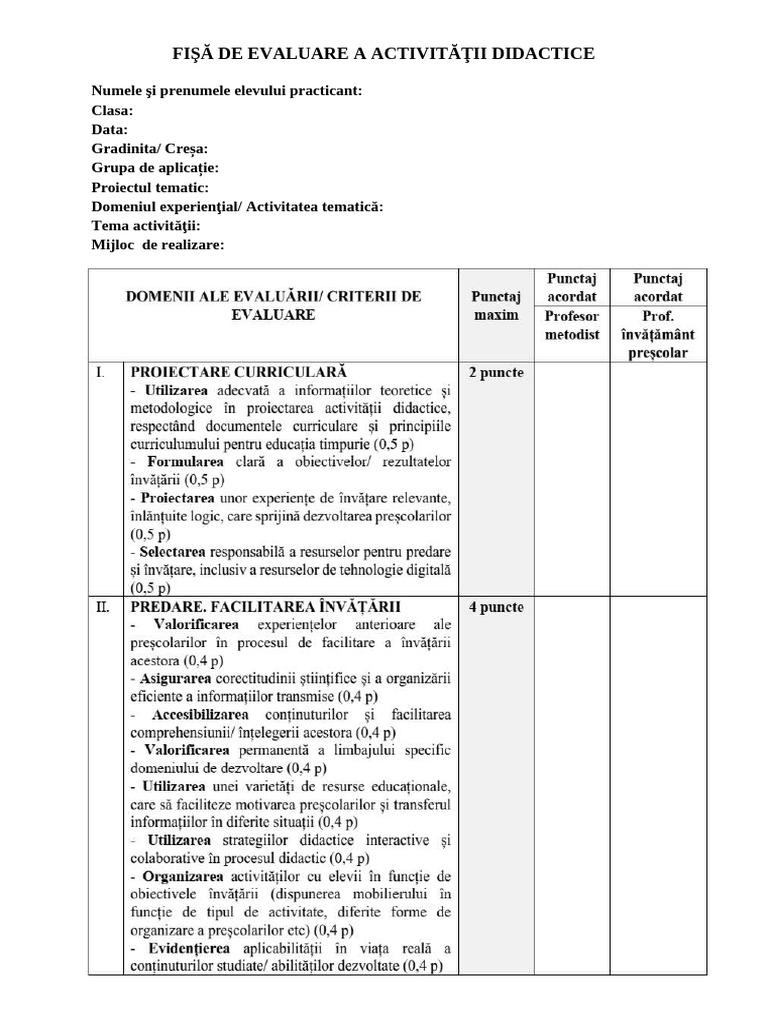 Fisa Evaluare A Activitatii Curente | PDF