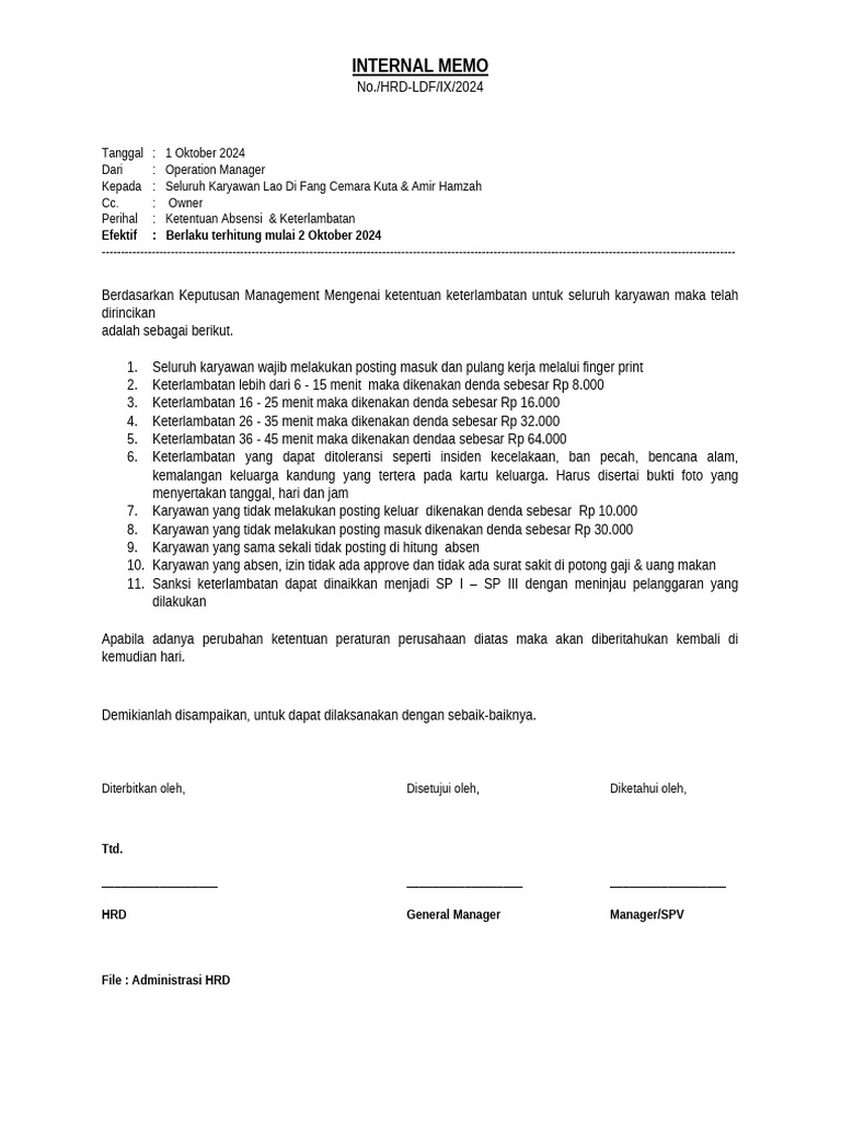 INTERNAL MEMO Keterlambatan | PDF