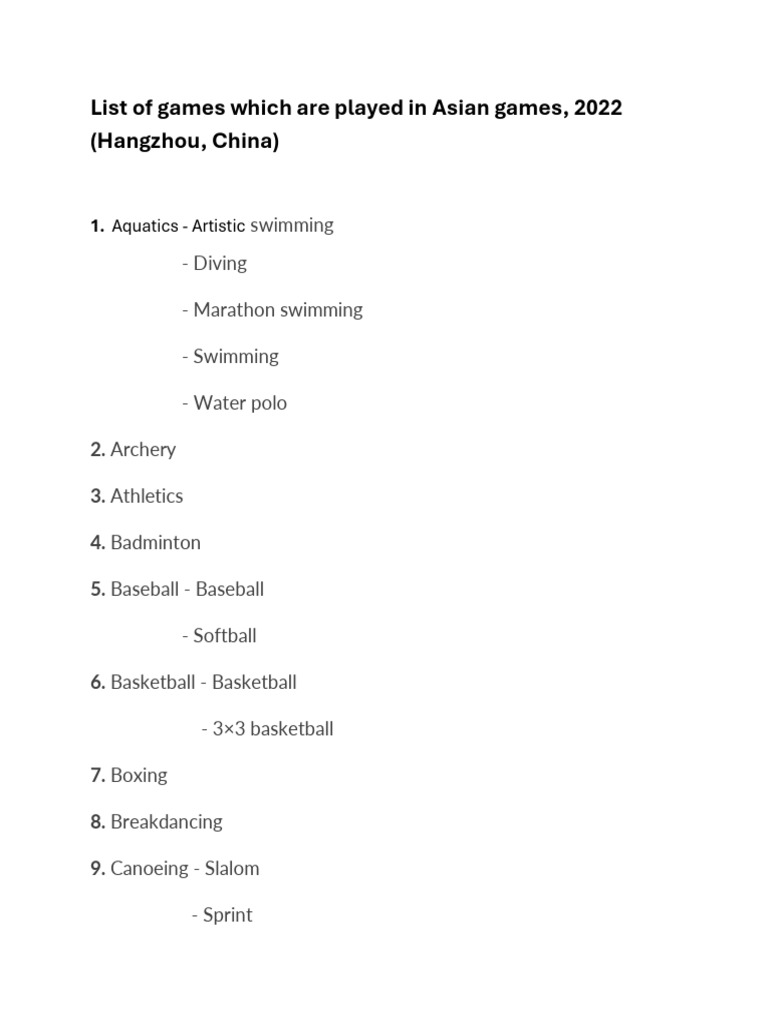 List of Games Which Are Played in Asian Games 2022 | PDF