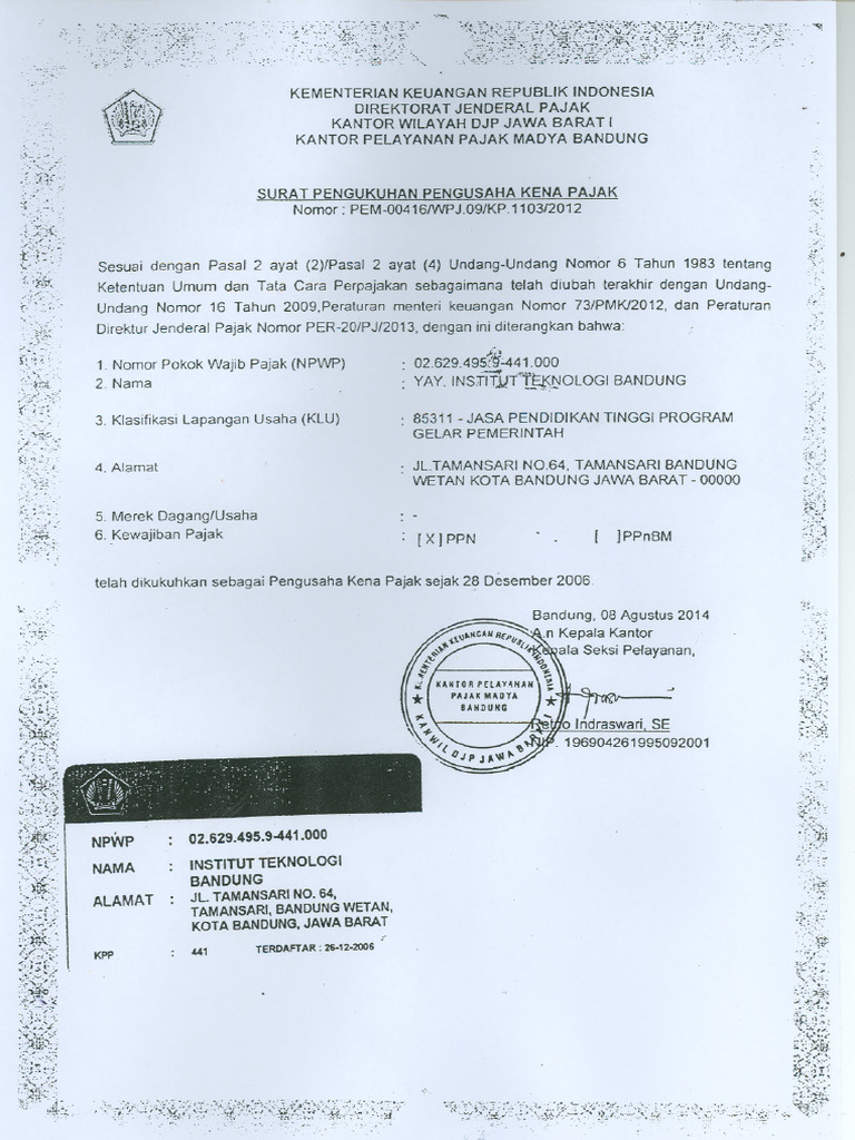 Scan NPWP ITB | PDF