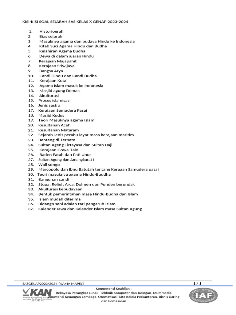 Kisi-Kisi Soal Sejarah Kelas X Sas Genap 2023-2024 | PDF