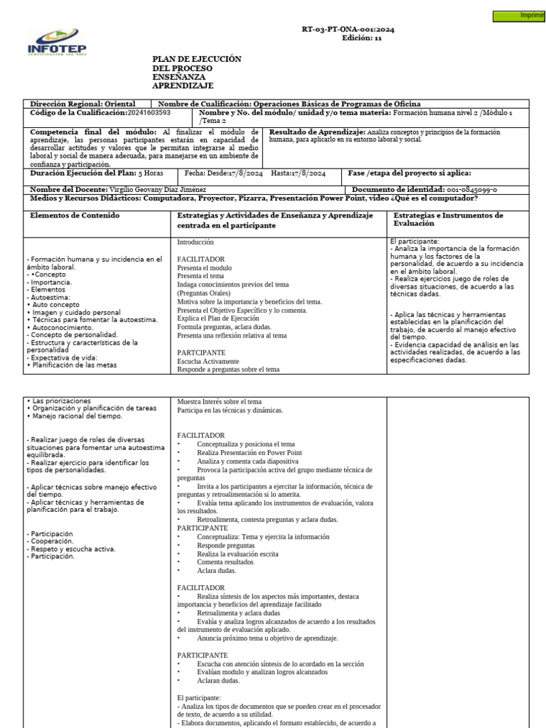 Ed 11-Plan de Eecucion_- Tema 2 - Modulo 1- Formacion Humana - La Moneda - Obpo | PDF