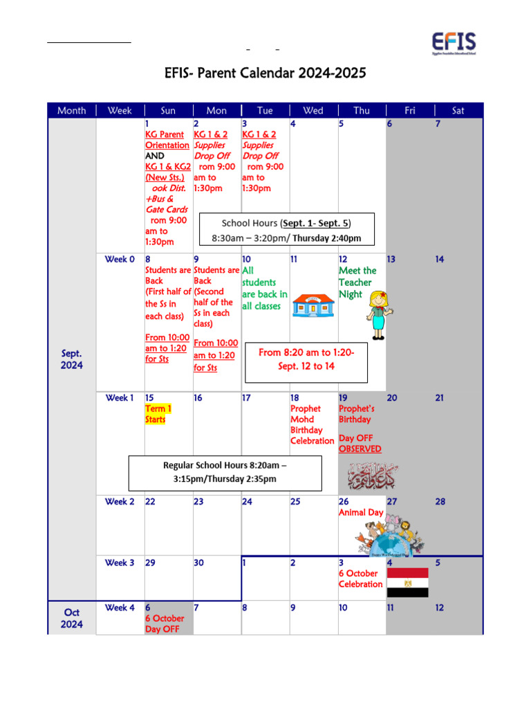 EFIS Parent Calendar 2024-25 | PDF