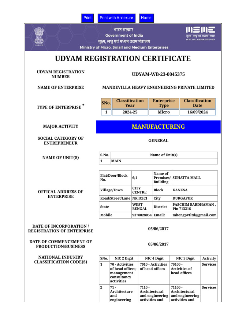 Print - Udyam Registration Certificate | PDF