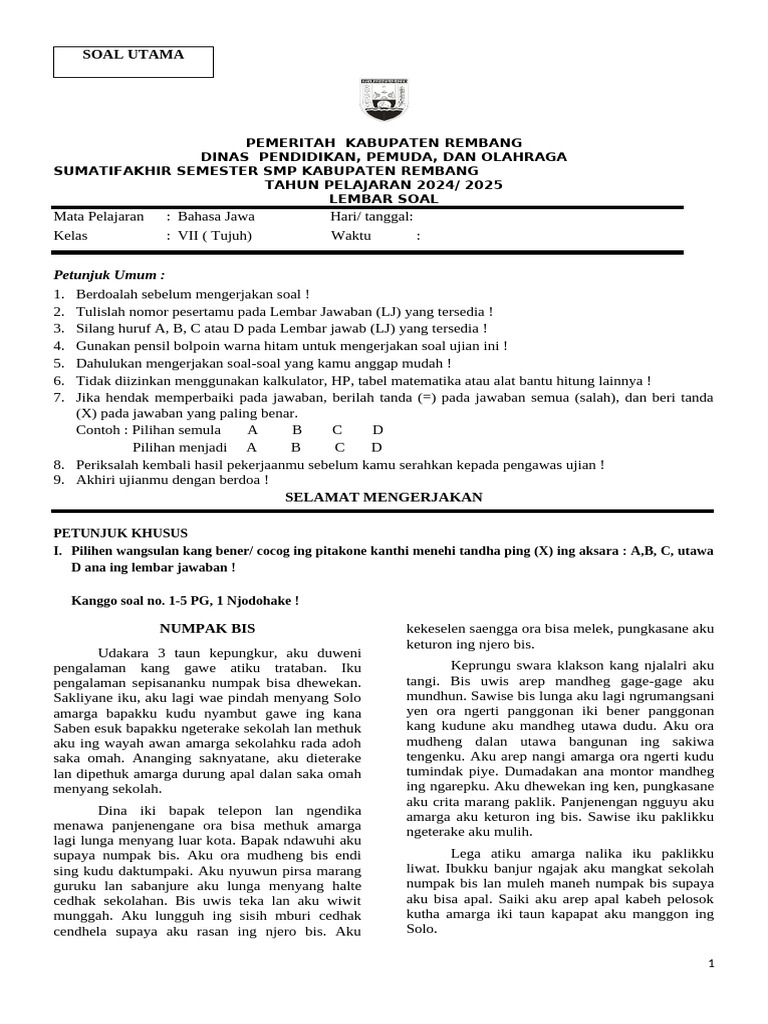 SOAL CADANGAN SAS Kls 7 B.JAWA Kelas 7 2024-2025 | PDF