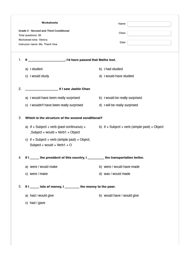 Grade 5 - Second and Third Conditional - Quizizz | PDF