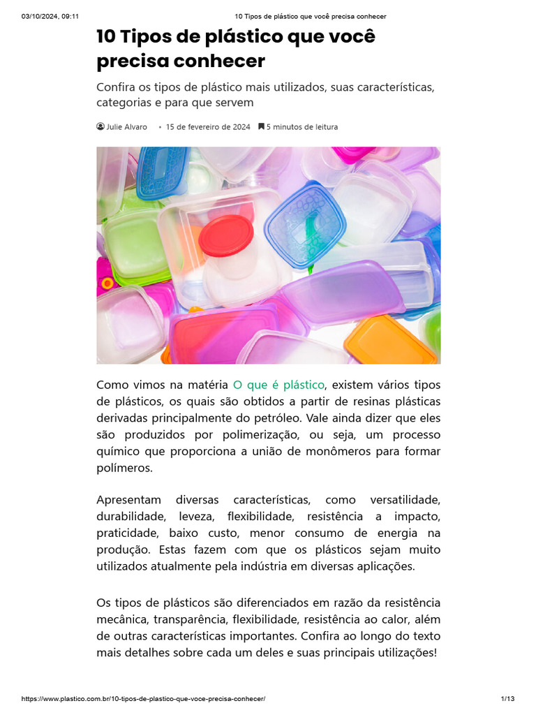 10 Tipos de plástico que você precisa conhecer | PDF