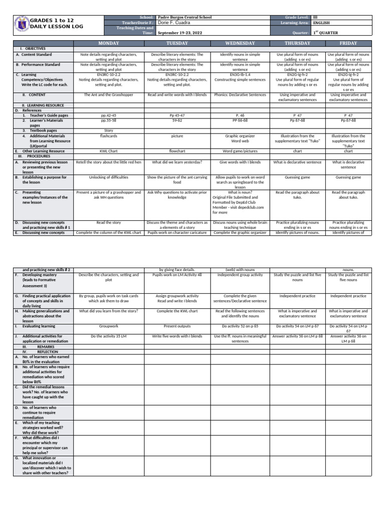 DLL - ENGLISH Grade3 - Q1 - W5 | PDF