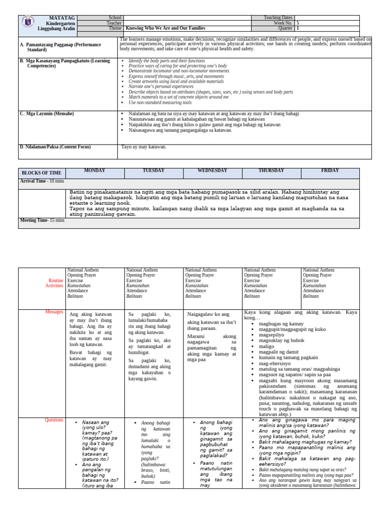 Kindergarten DLL Matatag Week 5 | PDF