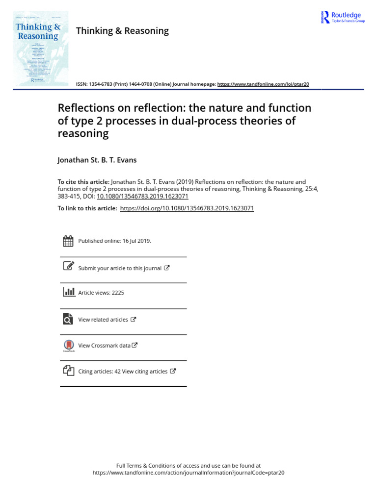 Reflections On Reflection: The Nature and Function of Type 2 Processes in Dual-Process Theories ...