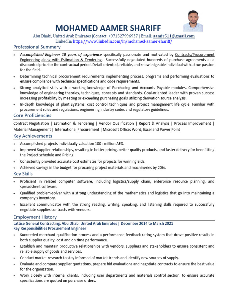 Mohamed Aamer Shariff - Contracts Adminsitrator | PDF | Procurement | Business